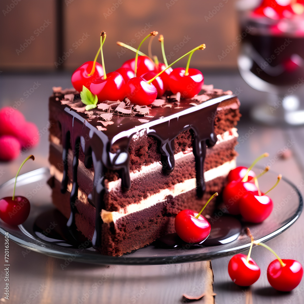 cake slice with berry on top, chocolate garnish mirror glass cake ...