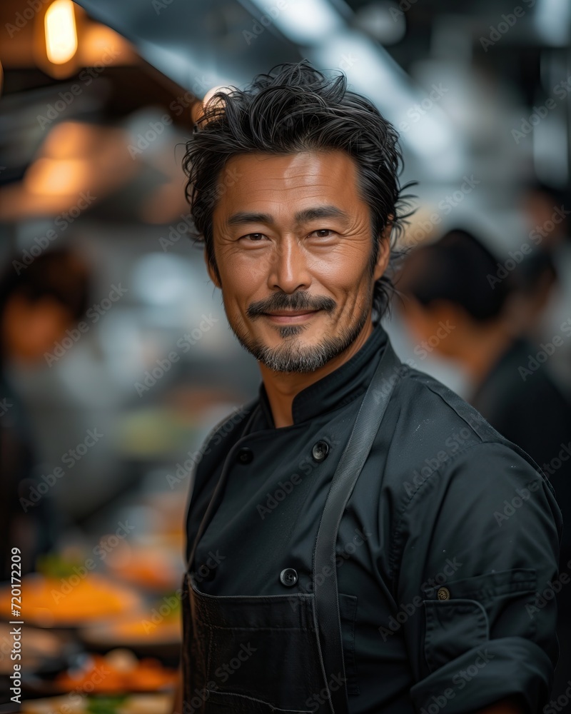 Portrait of chef in black tunic in restaurant kitchen with team in ...