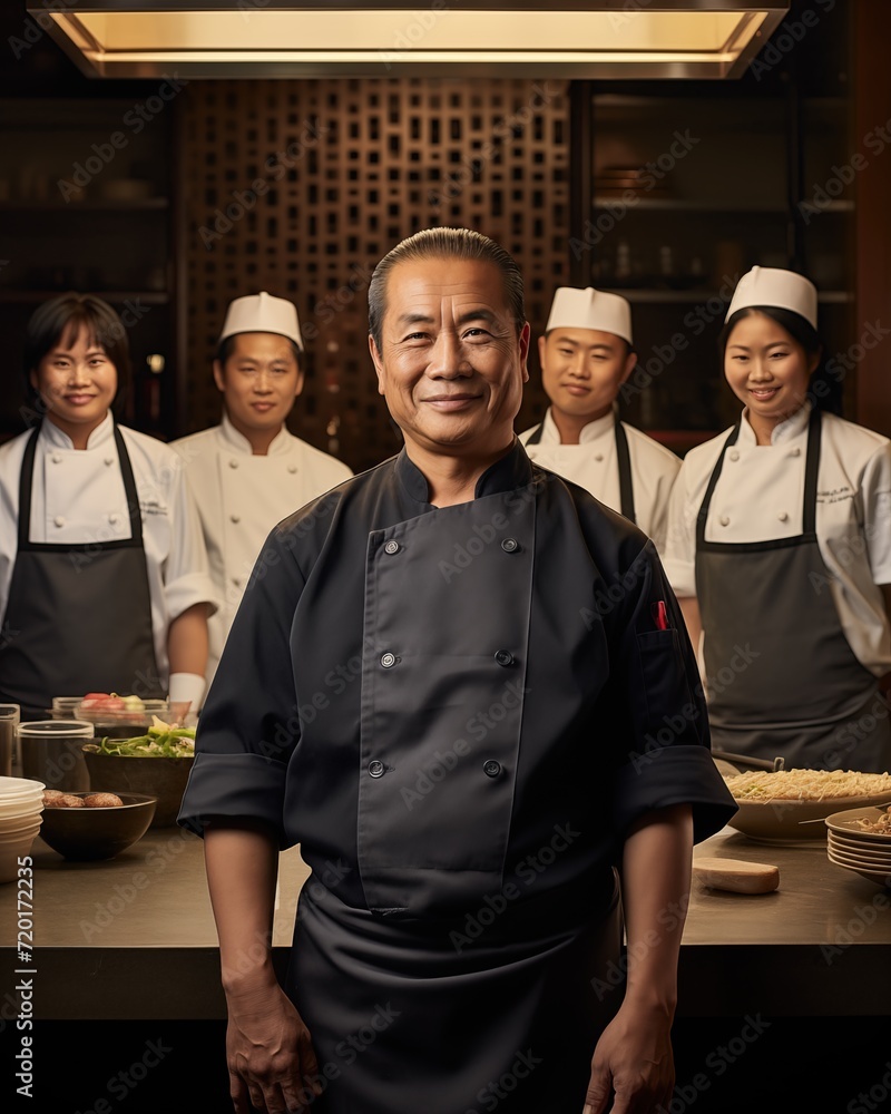 Portrait of a chef in a black tunic in a restaurant kitchen with dishes ...