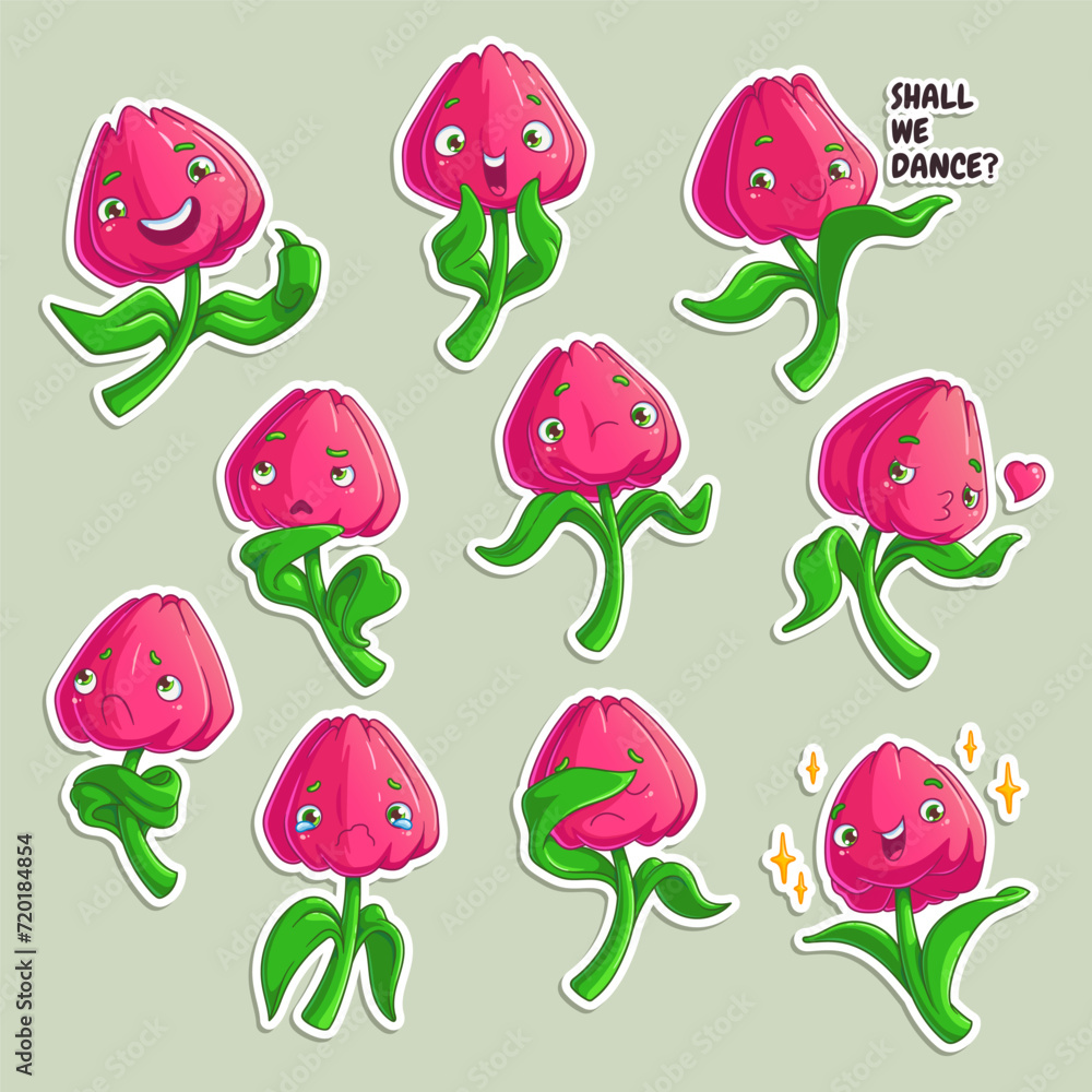 A vector set of stickers for a social network. Cute tulip emoticons ...