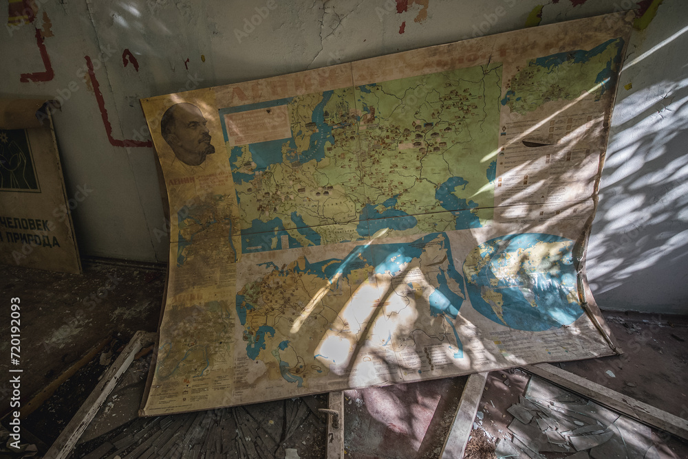 Pripyat, Ukraine - October 2, 2014: Old map in Middle School No. 3 in ...