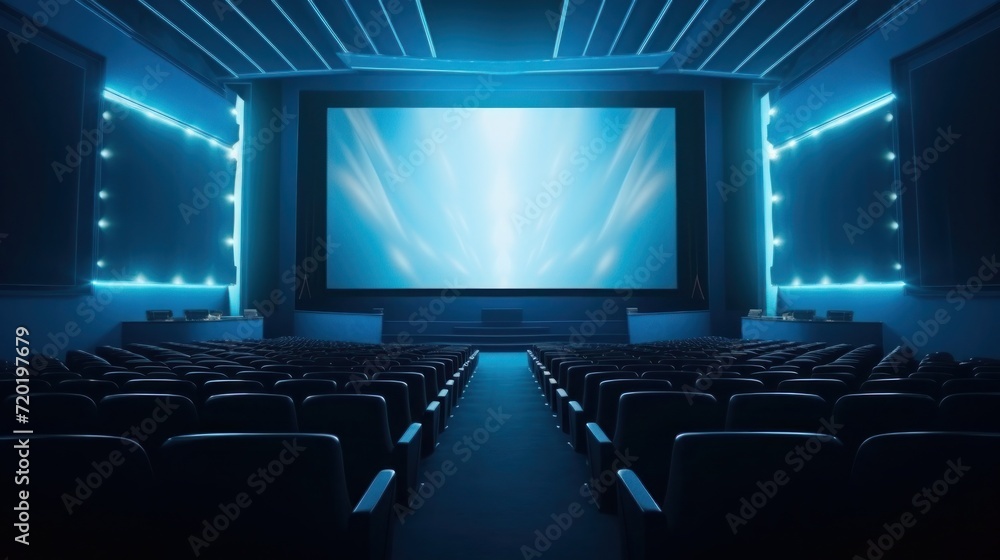 Empty modern cinema with blue backlit blank screen. Model of the ...