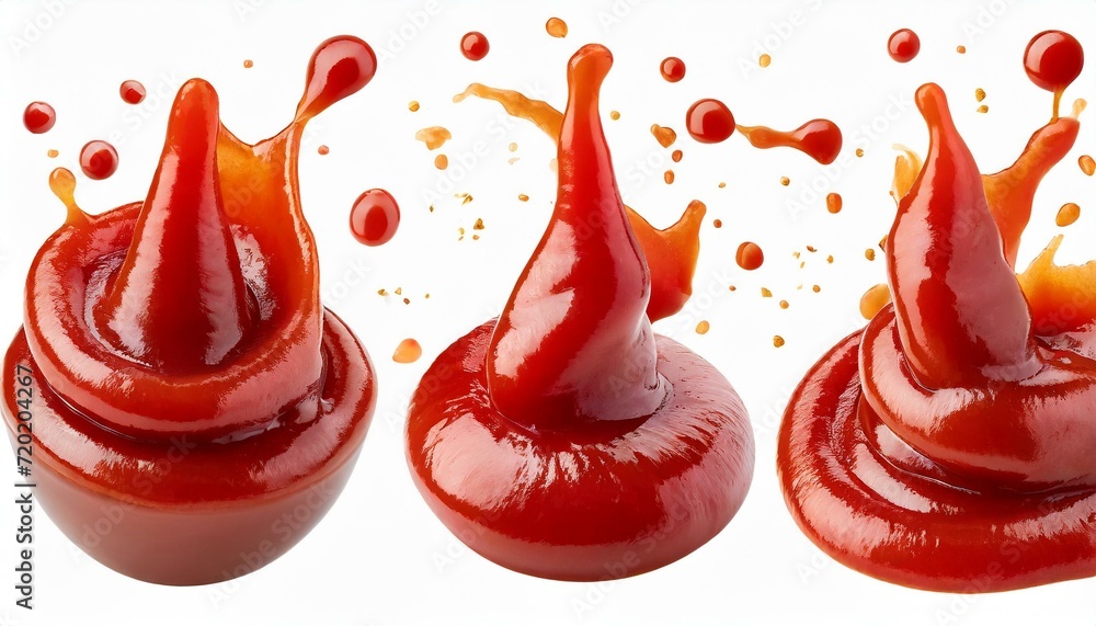 Set of red drops and splashes of ketchup or sauce isolated on white ...
