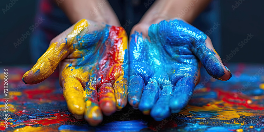 Children paint hands messy, finger painting mess, vibrant multi colors ...