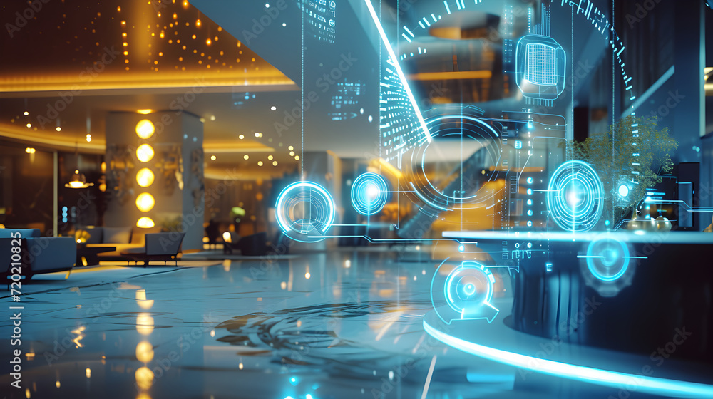 Cinematic photograph of hotel lobby filled with energy-filled data ...