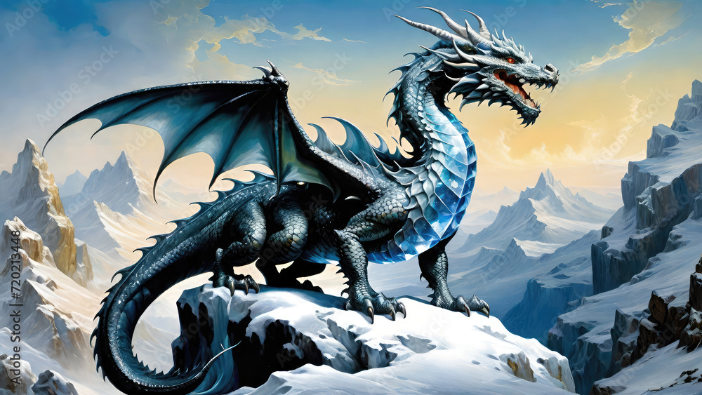 Majestic ice dragon on a snowy mountains background.Mythical fantasy ...