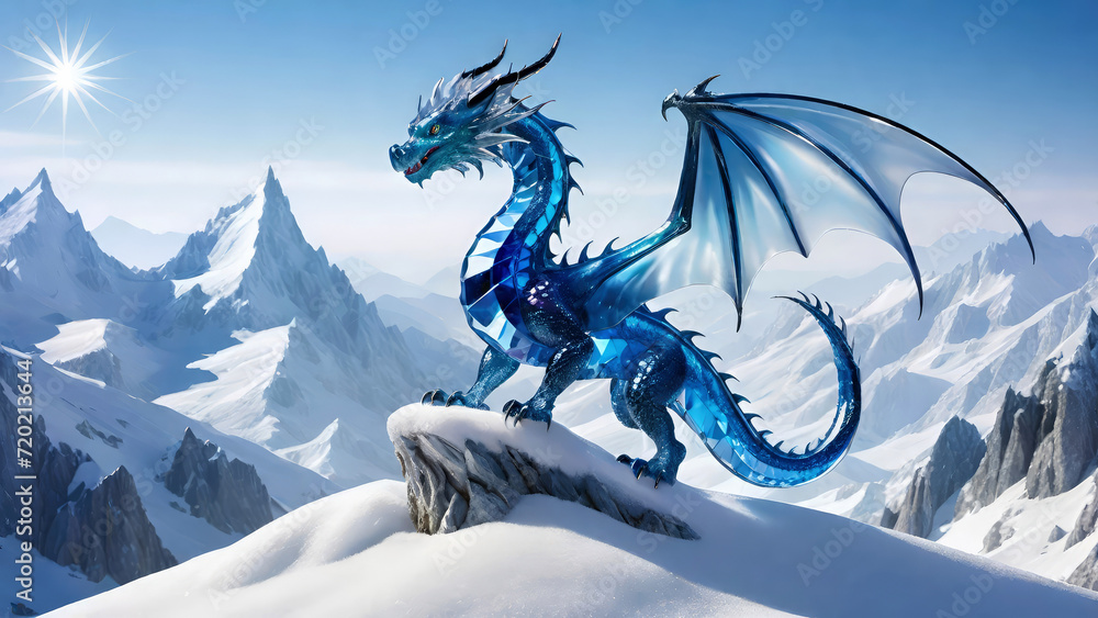 Blue ice dragon with transparent wings on a snowy mountains background ...