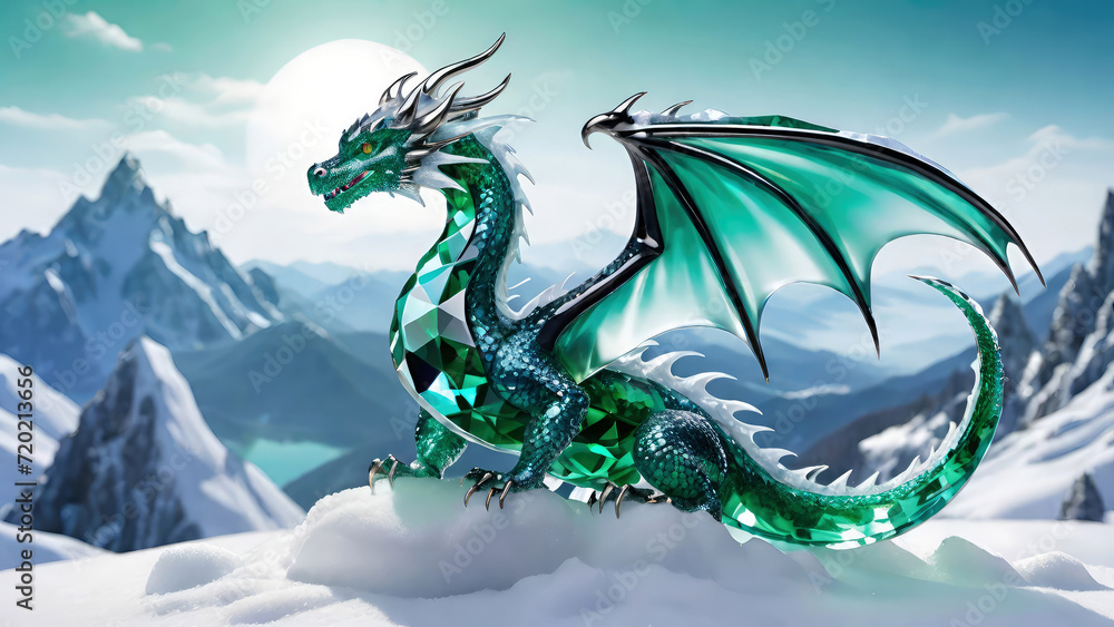 Green majestic emerald crystal dragon with transparent wings on a snowy ...