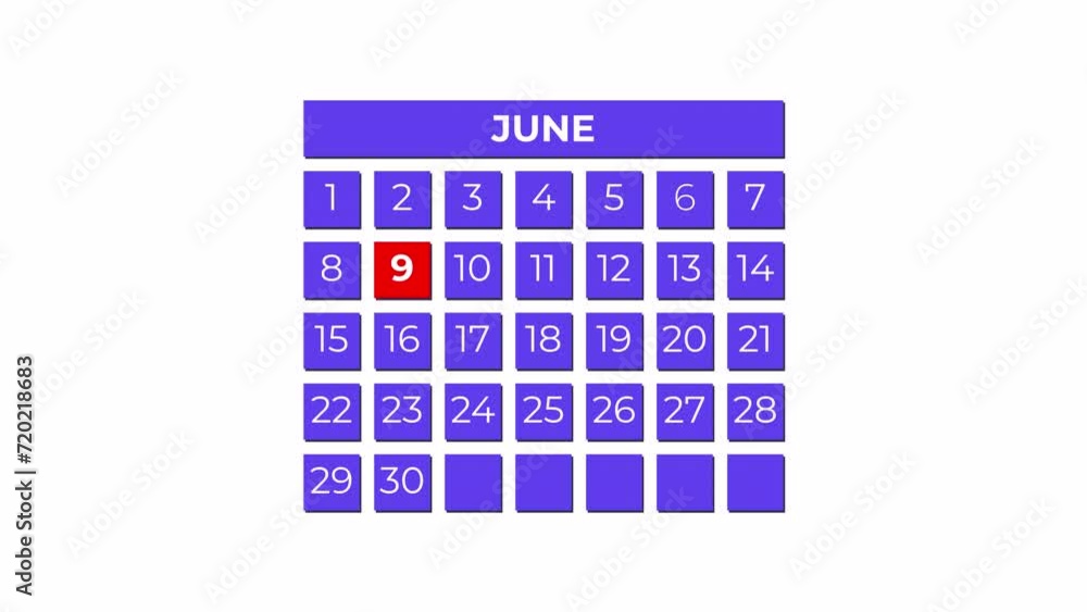 9th June calendar icon animation. Alpha matte with transparent ...