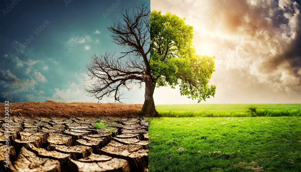 Global warming concept and climate change. Half bare tree on barren ground of a desert, and half ...