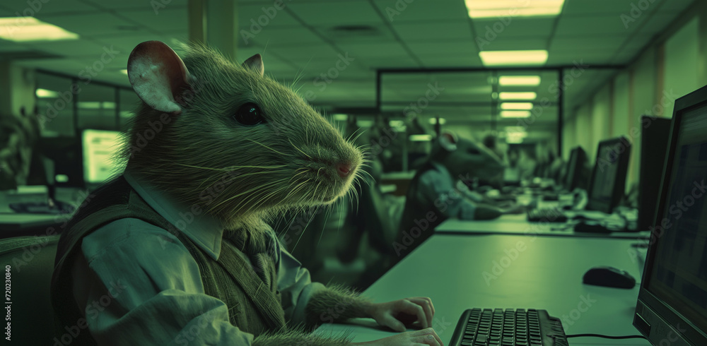 An office rat in a shirt and tie works at a computer in the office, in ...
