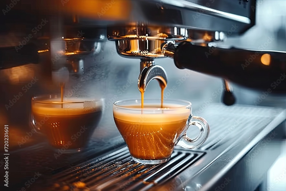 Professional barista perfecting art of coffee making in cafe. Espresso ...