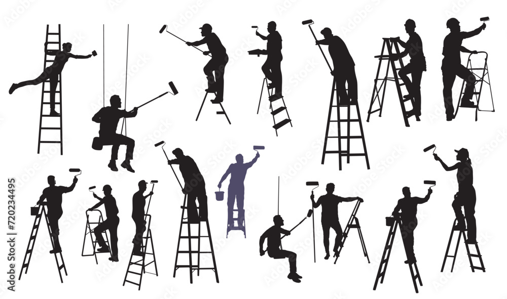 Vector silhouette of a cleaning people on a transparent background. Men ...