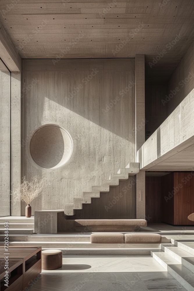Minimalist neo brutalist interior with striking sunlight patterns Stock ...