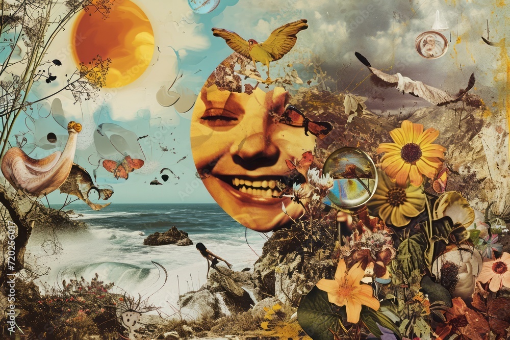 A collage-style artwork depicting the principles of a joyful life ...