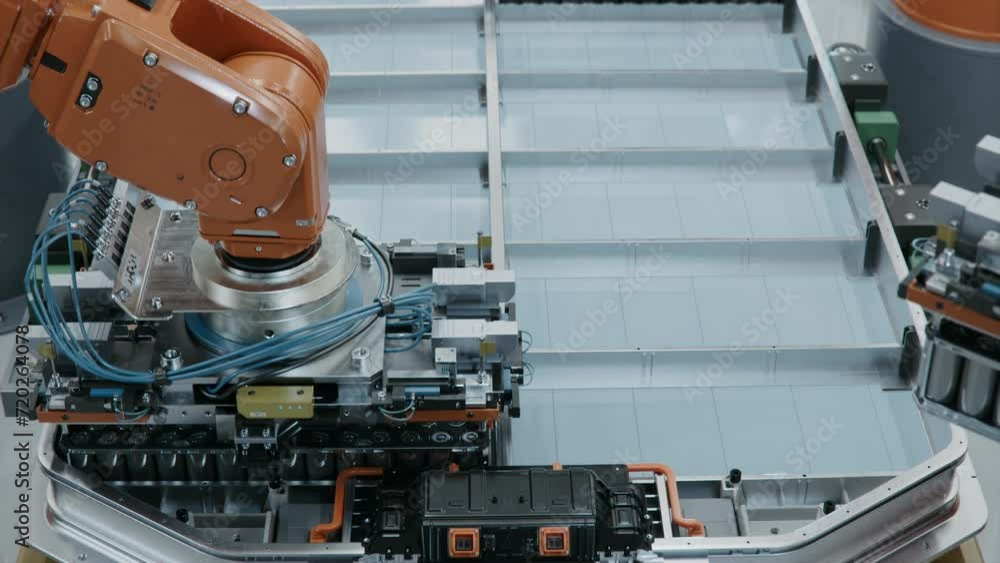 Robot Arm Installing Battery Module into the Frame. EV Battery Pack for ...