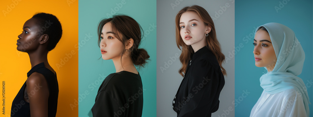 Female portrait. Side view profiles of four young women with diverse ...