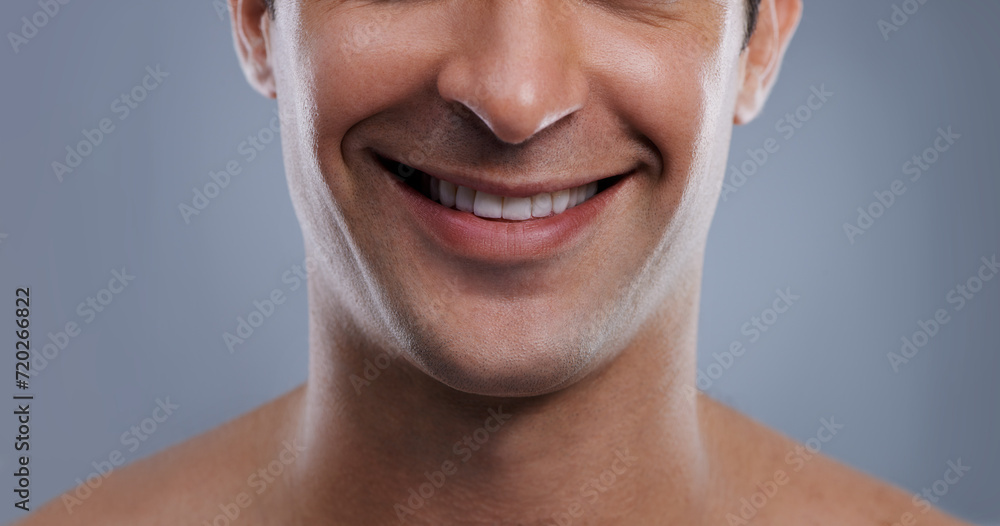 Man, face and smile with skincare and lips with hygiene, jawline and ...