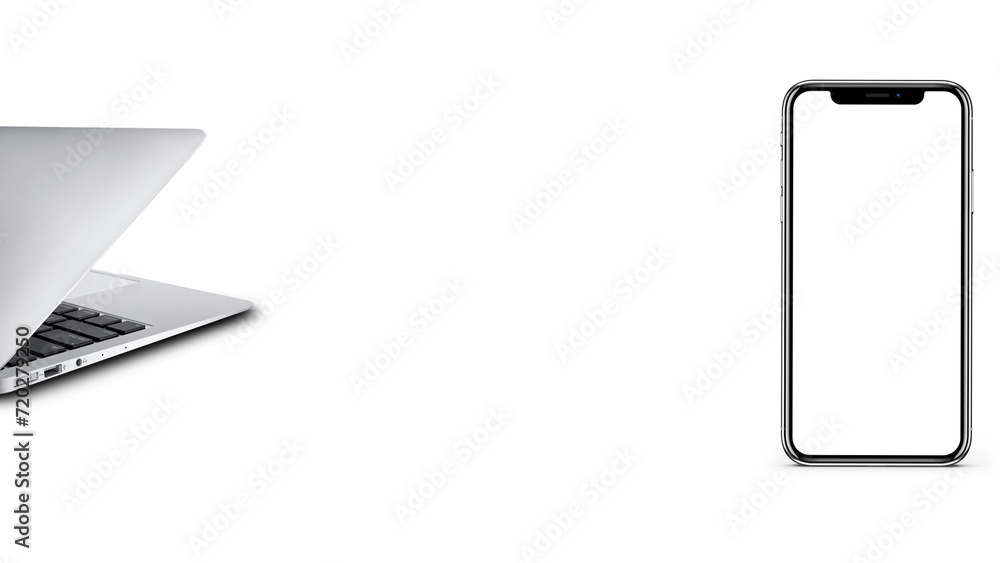 Phone and laptop mockup. Mobile phone and laptop isolated on white back ...