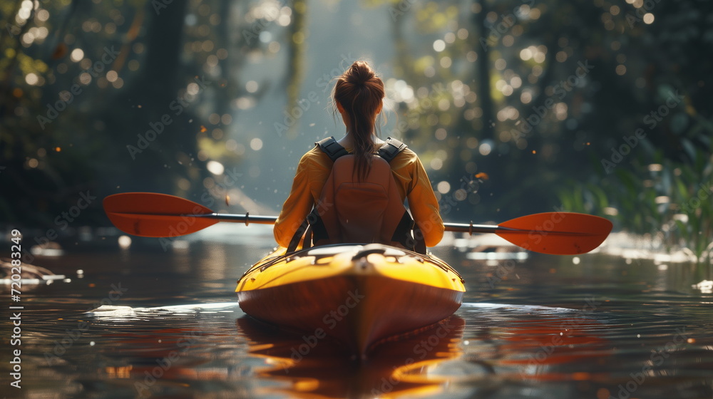 Woman in kayak back view. Happy young woman floating in kayak on the ...