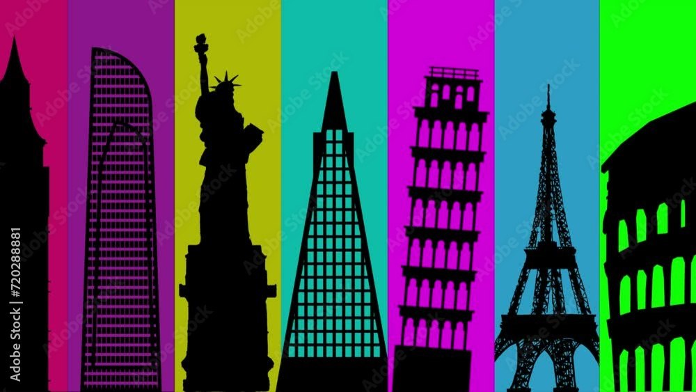 Travel the World . Animated silhouette Landmarks and Road Trip Tourism ...