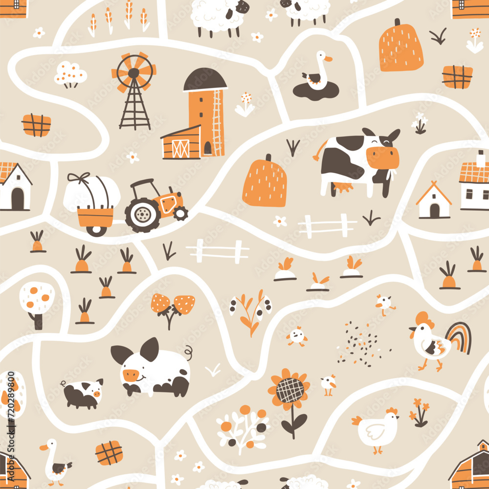 Farm map seamless pattern. Vector hand-drawn road with funny characters ...