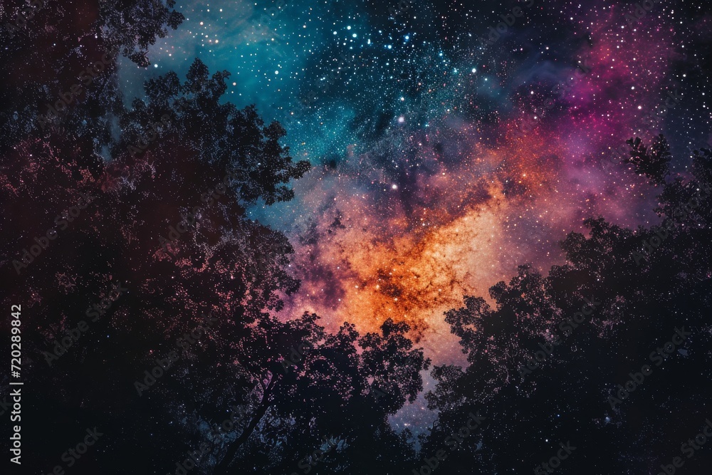 An ethereal scene unfolds as a vibrant sky of swirling nebulae and ...