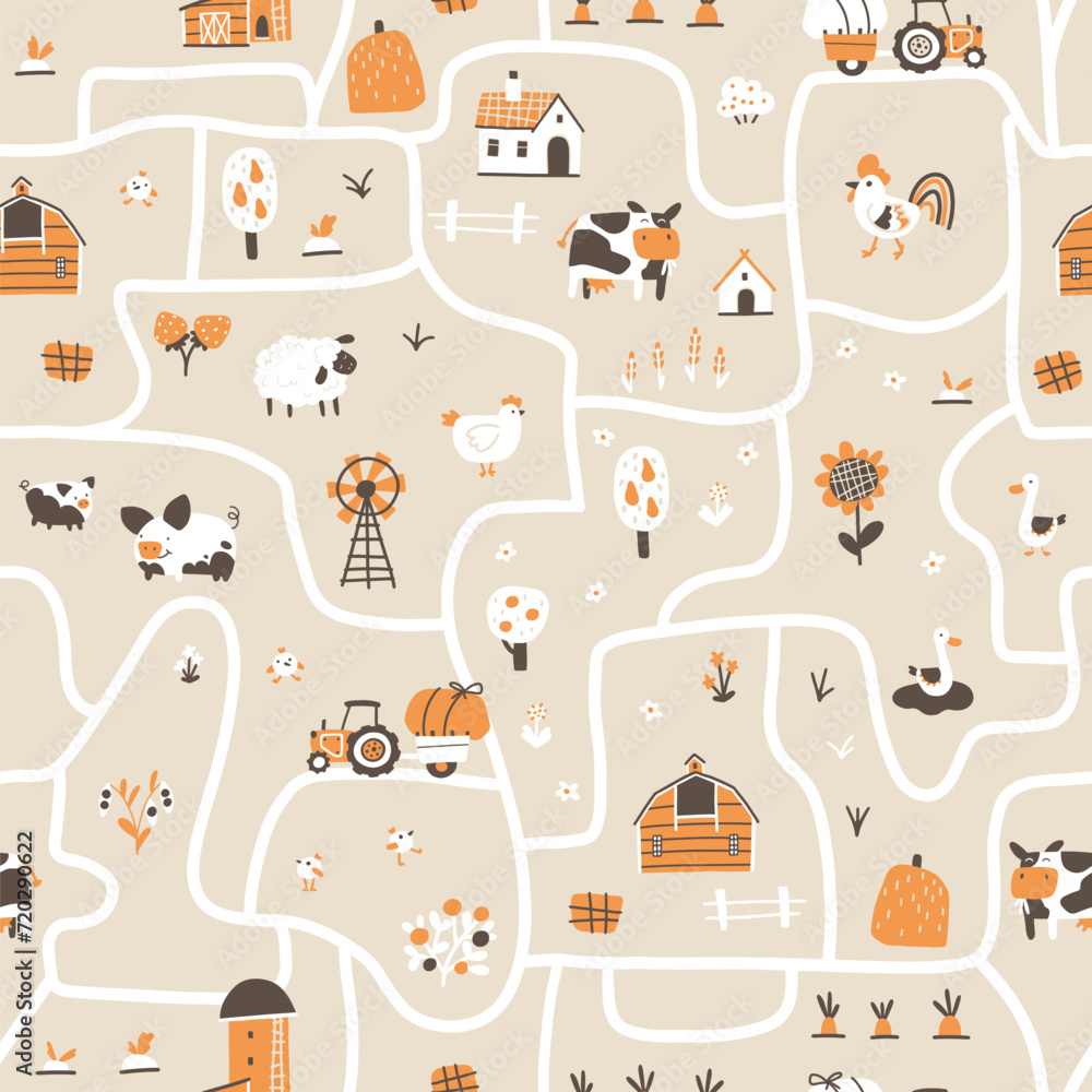 Farm map seamless pattern. Vector hand-drawn road with funny characters ...