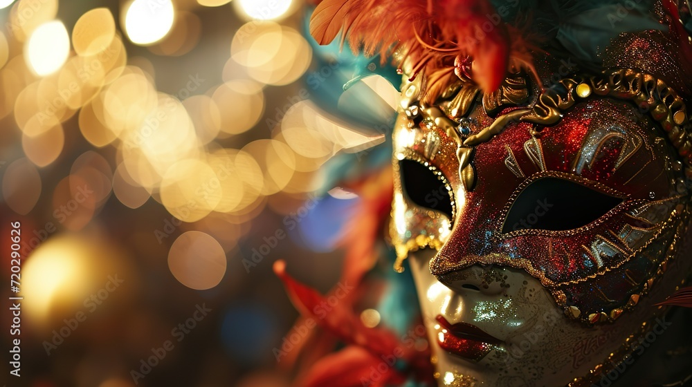 Colorful carnival masquerade parade mask on blurred bokeh lights ...