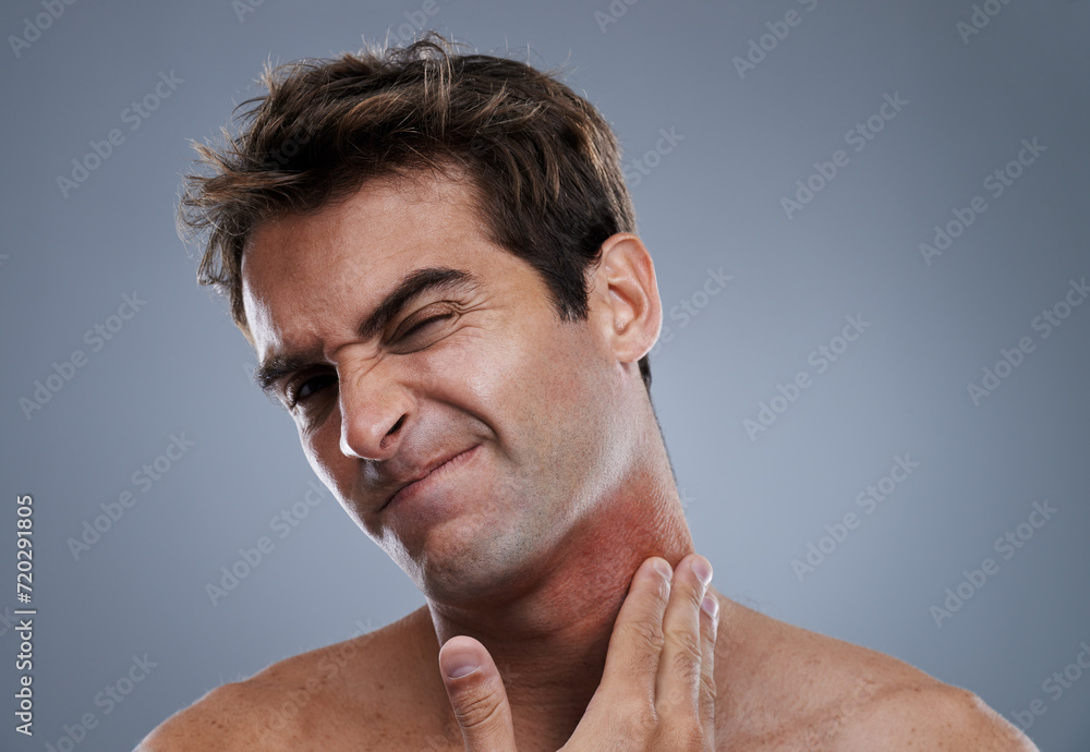 Man, shave and beard rash from razor burn on grey background for skin ...