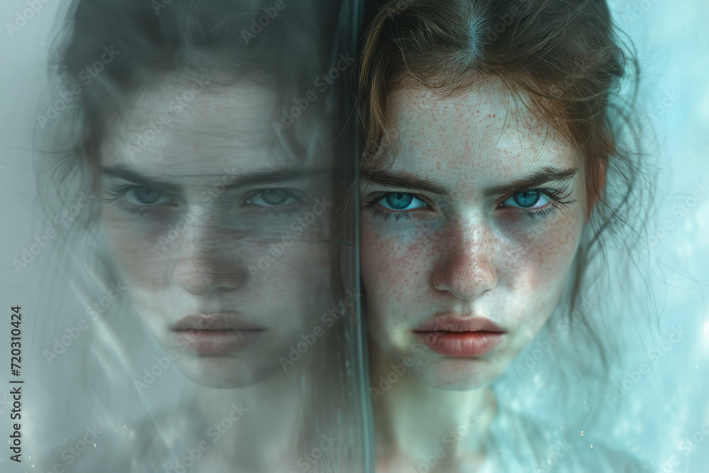 A portrait of a sad woman with multiple exposure, concept of mental ...