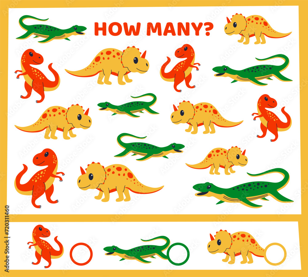 Cartoon dino. Dinosaurs counting. Preschool kids worksheet. Workbook ...