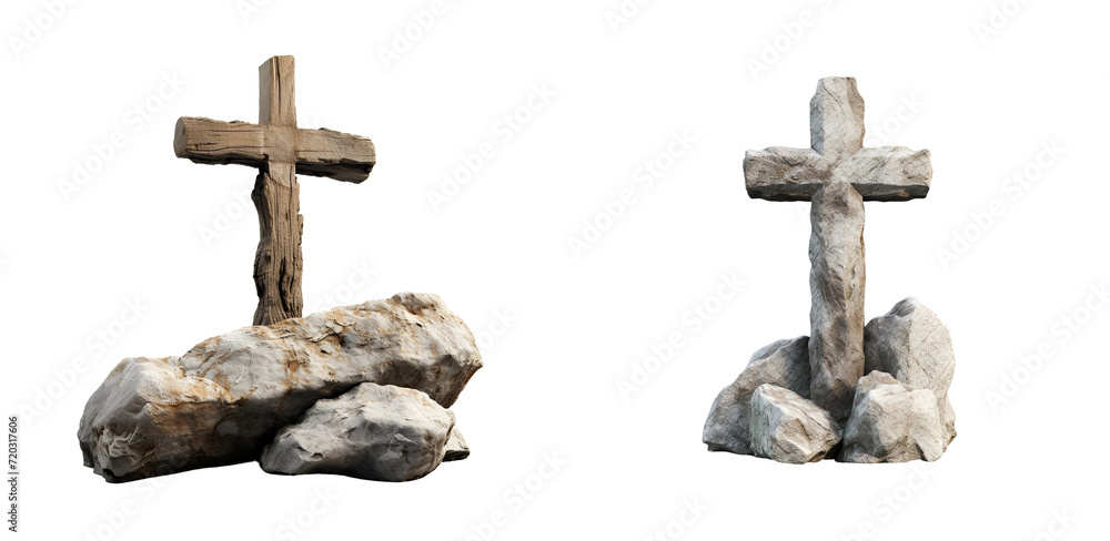 Set of Wooden and Stone Crosses on the Boulder, Christian Cross, Symbol ...