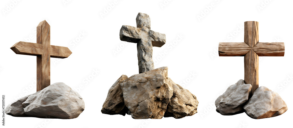 Set of Wooden and Stone Crosses on the Stone, Christian Symbol ...