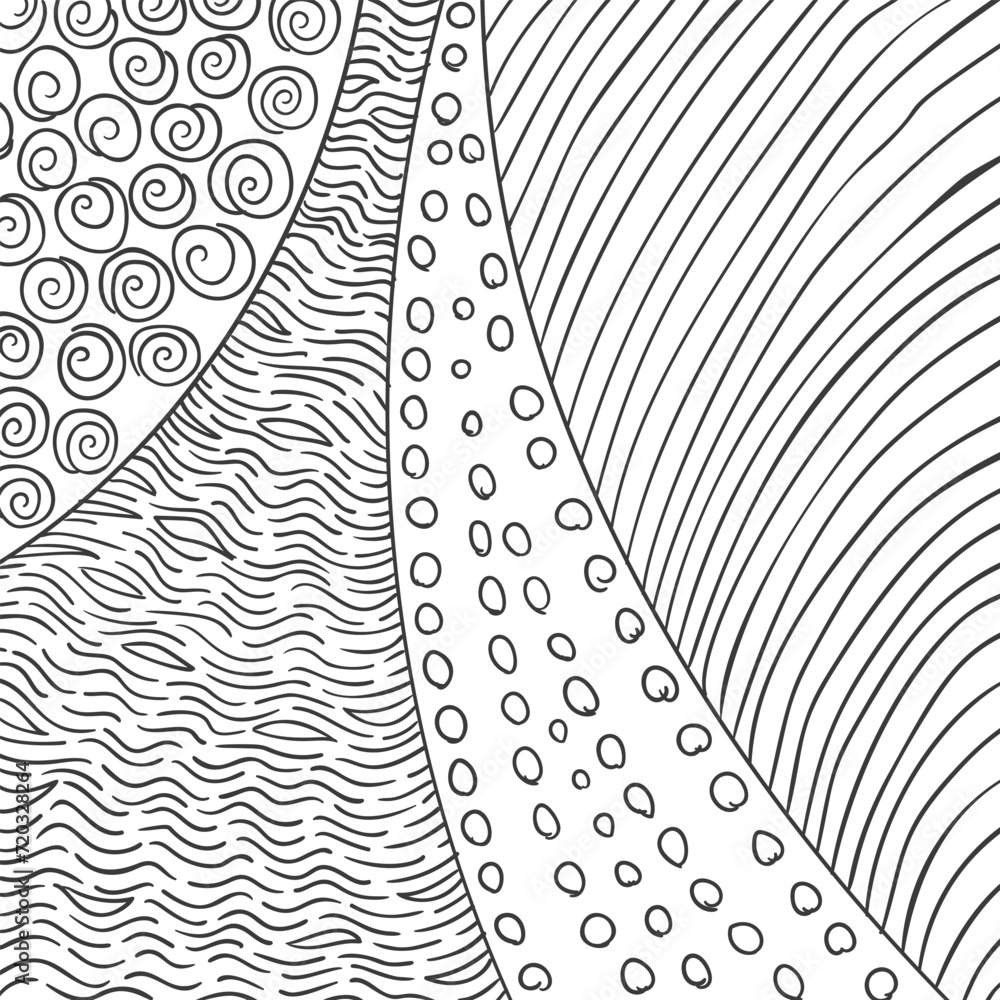 Hand drawn pattern of wavy lines, small circles, spirals black and ...