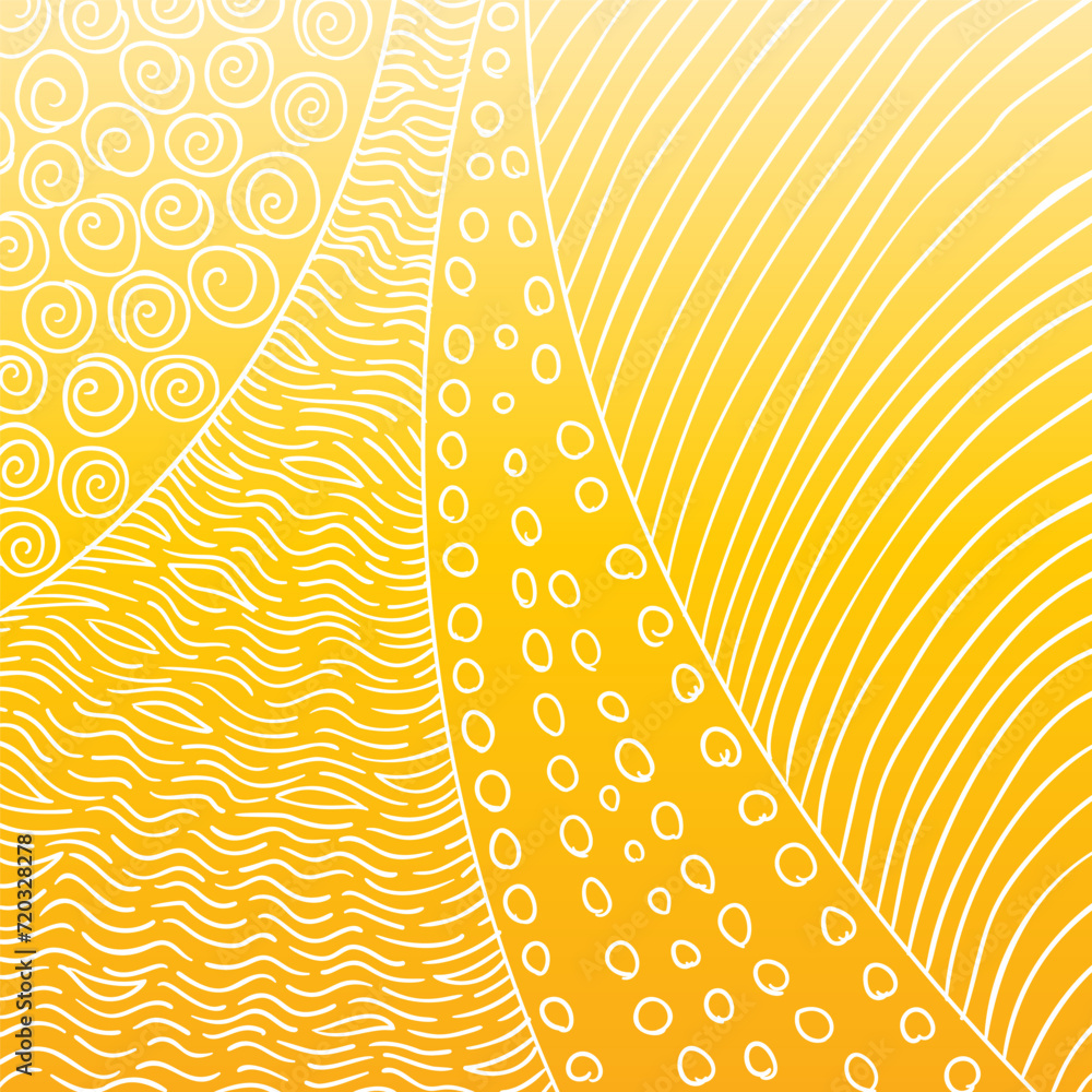 Hand drawn pattern of white wavy lines, small circles, spirals on ...