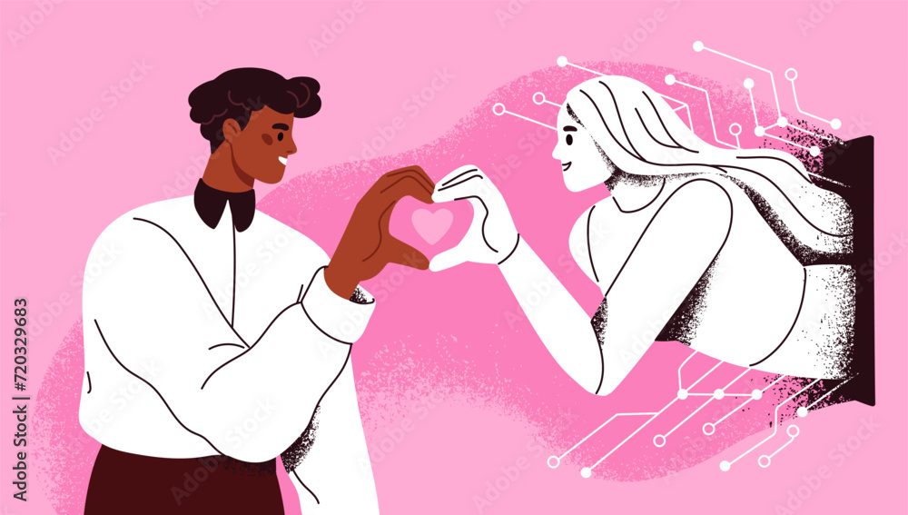 AI and human couple in love. Man and virtual digital woman robot lovers ...