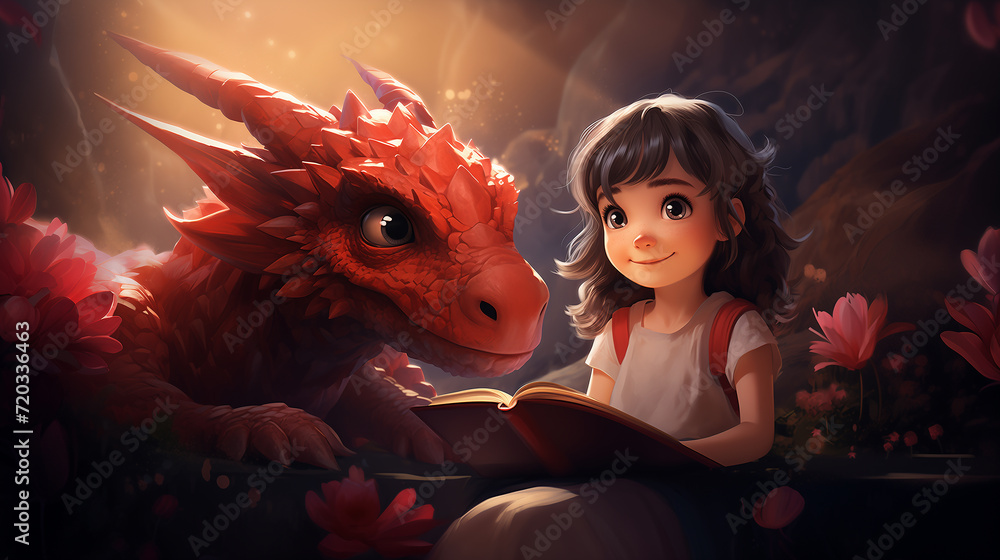 Happy smiling little girl playing with cute confused dragon, cartoon ...
