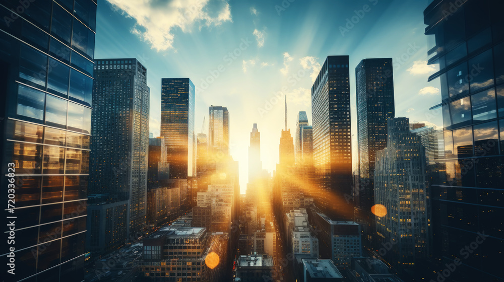 Skyscrapers of megacity at sunset. Business life of a big city. Bottom ...