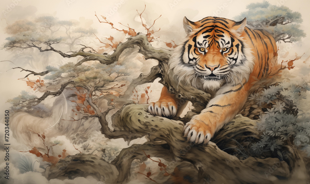 Watercolor painting of a tiger climbing up a tree and staring at ...