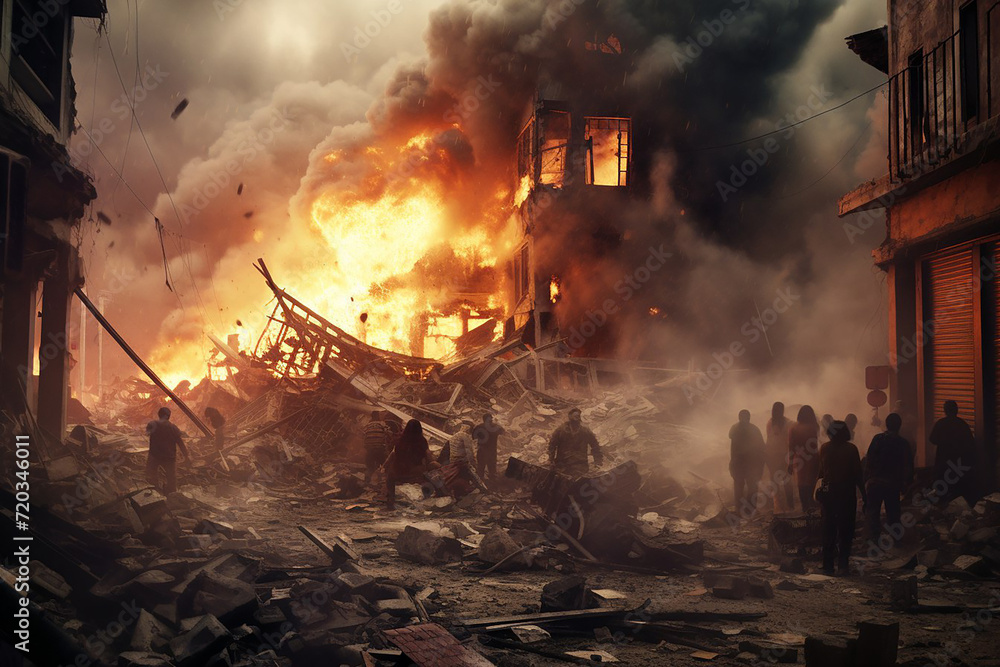 Exploded building in the city, clouds of smoke and fire Stock Photo ...