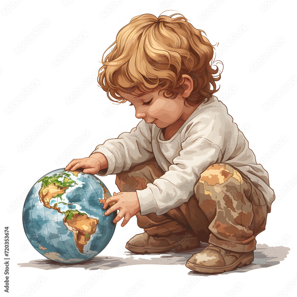 Youngster playing with a globe or world map, illustrating global ...