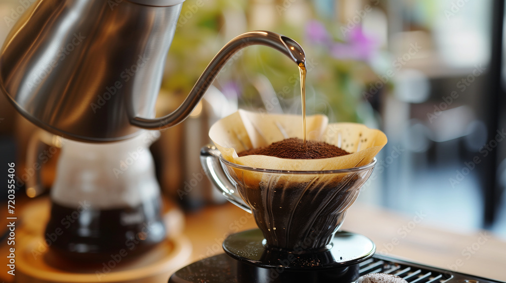 Hot coffee. Steam rises from a pour-over coffee brewer as a barista ...