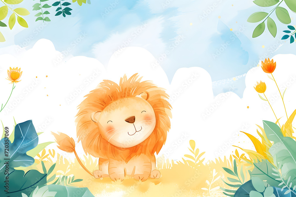 Cute cartoon lion frame border on background in watercolor style. Stock ...