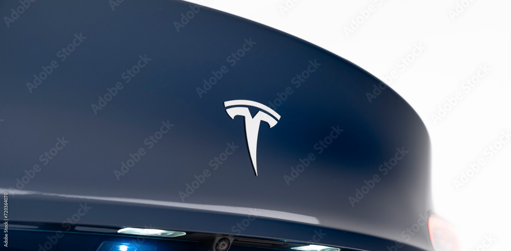 Tesla Model Y rear end Tesla badge, car isolated on white background ...