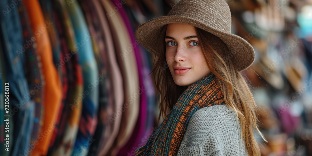 A smiling woman poses in front of a clothing store, wearing a ...