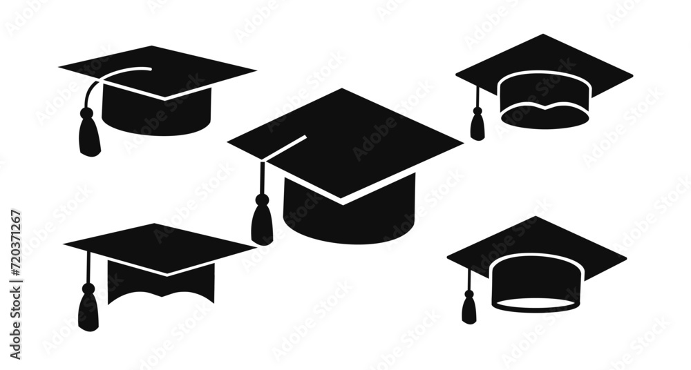 Graduation hat cap icons set. Graduation student black cap and diploma ...