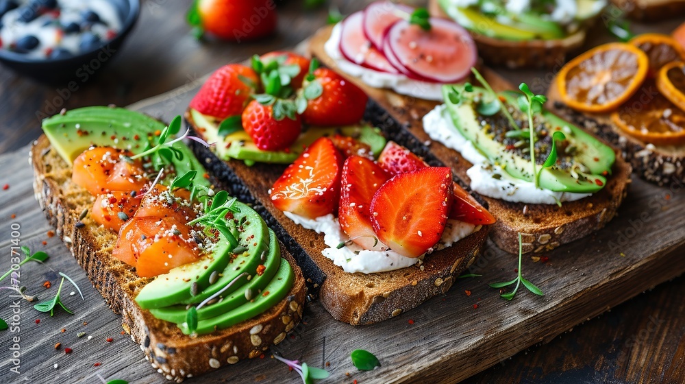 Artisanal open-faced toasts with fresh fruits and seeds for a ...
