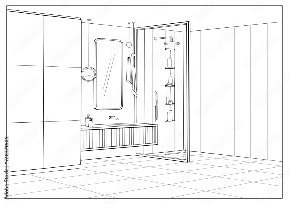 Line sketch modern bathroom interior design. Vector outline drawing ...