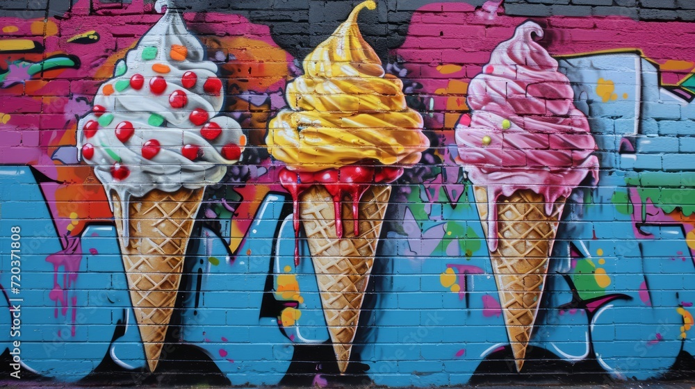 Vivid graffiti art of melting ice cream cones on an urban wall. Stock ...